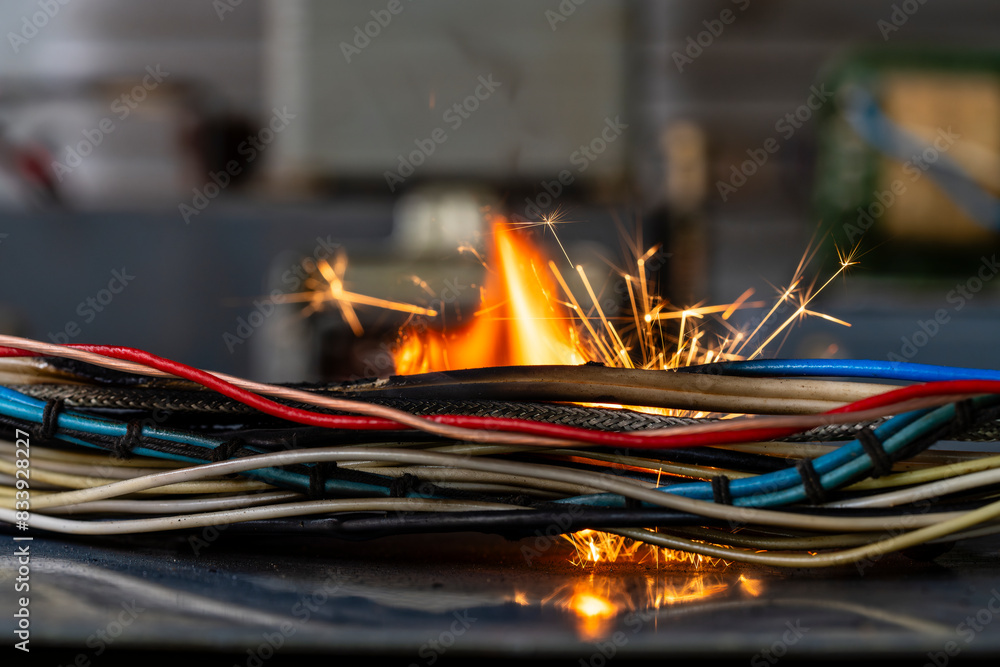 Flames, sparks, smoke between electrical cables, closeup. Short circuit ...