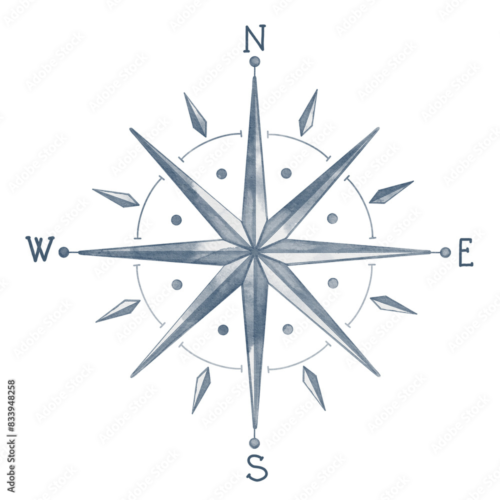 Watercolor illustration of Compass Rose in pastel blue colors. Drawing ...