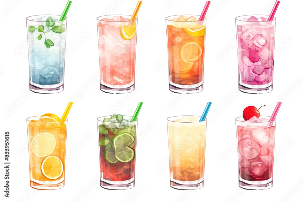 various mocktail fruit juice summer refreshing drink watercolor cartoon ...