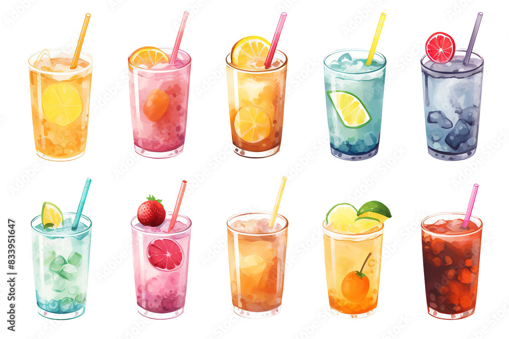 various mocktail fruit juice summer refreshing drink watercolor cartoon ...