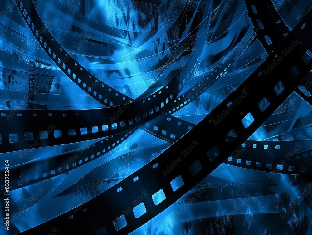 Abstract representation of blue digital film strips flowing on a ...