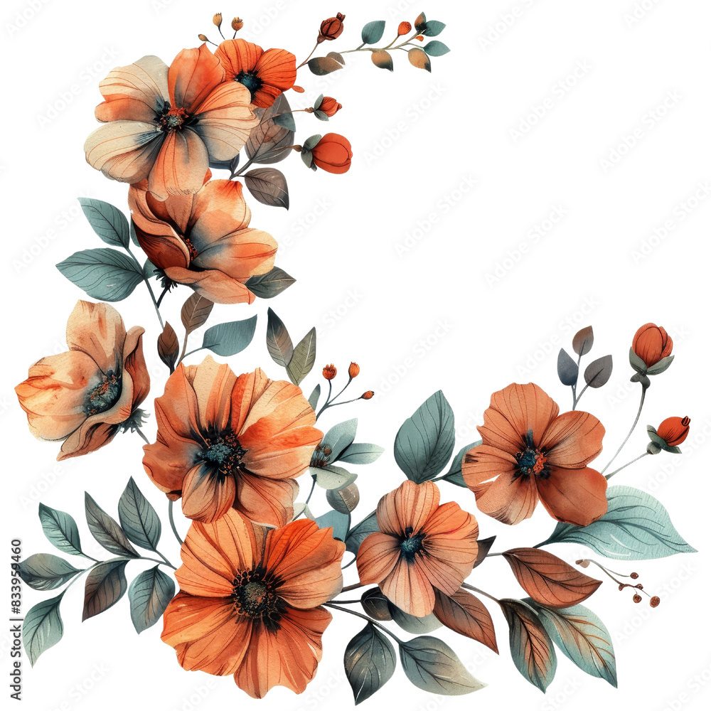 Watercolor Terracotta Floral corner border Clipart PNG element hand ...