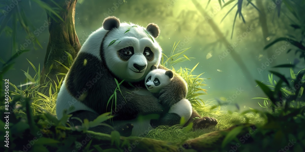 Heartwarming illustration of a giant panda mother cuddling her cub in a ...
