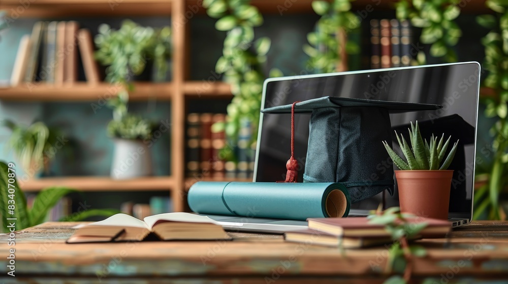 Still life laptop with graduation cap and roll of diploma paper ...