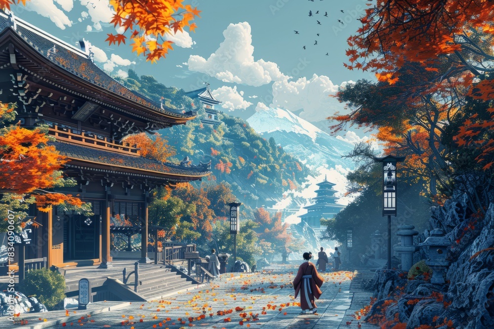 Exquisite 3D render of Japanese Ukiyo-e prints, featuring scenes of ...