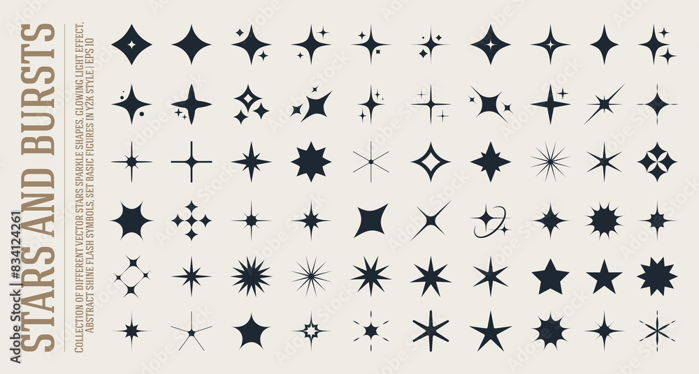 Collection of different vector sparkling stars, abstract shining flash symbols, decorative ...