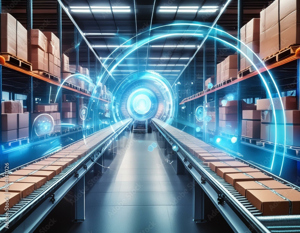 Futuristic warehouse interior with conveyor belts transporting packages among glowing ...