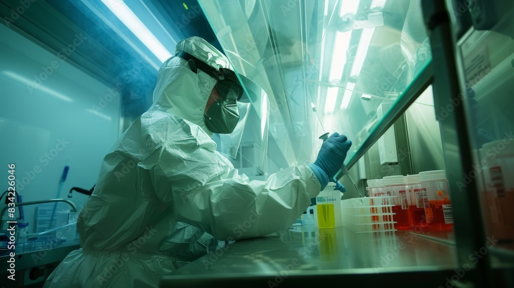 Lab Researcher Ensuring Safety Protocols with Viral Samples Under Fume ...