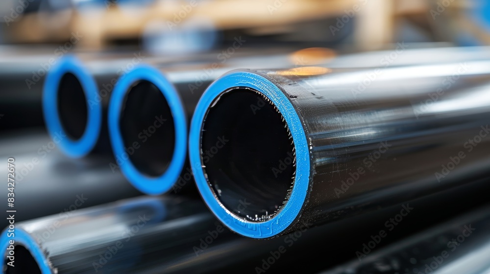 Black plastic pipe with blue strip, close-up perspective for water feed ...