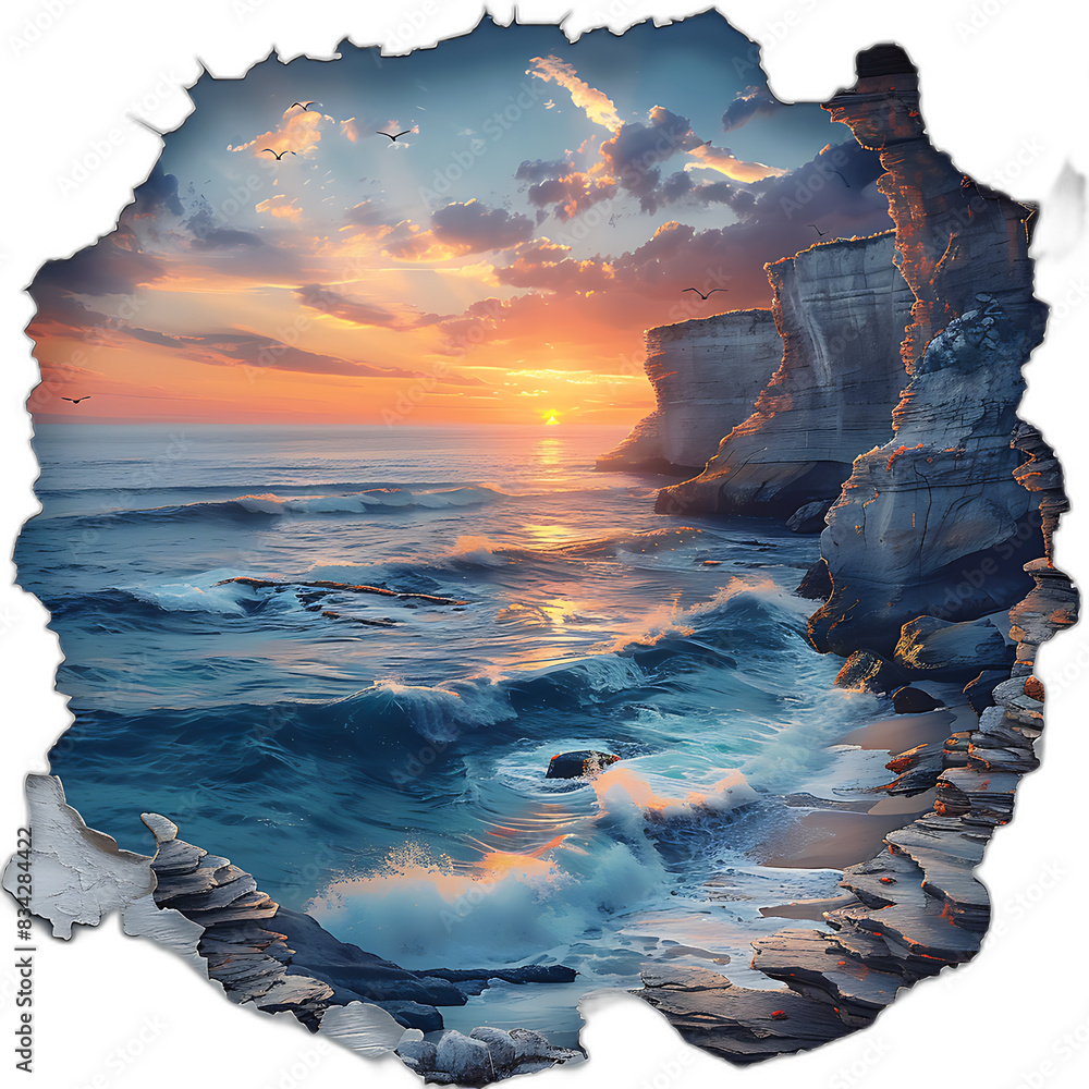 stunning coastal landscape with rugged cliffs crashing waves and a dramatic sunset sky cut out ...