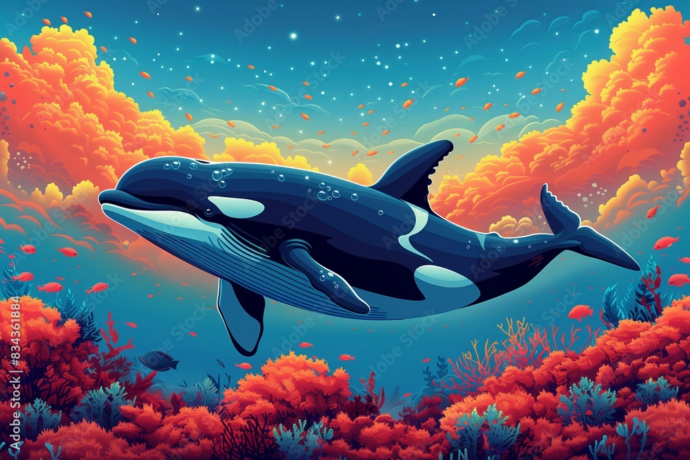 Large whale swims over red algae and small fish in water under orange ...