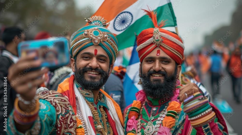 Smiling people take selfies at the Indian Independence Day celebration ...