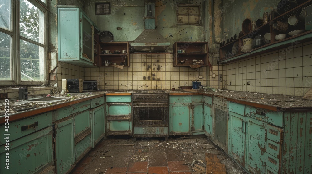 Forgotten kitchen in an old bunker, broken cabinets, dusty countertops ...