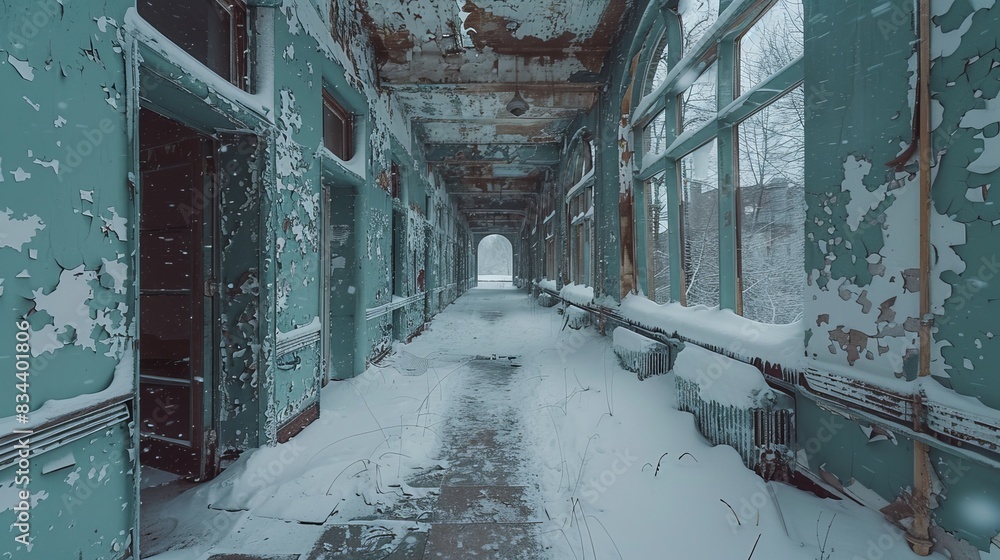 Spooky, abandoned psychiatric facility surrounded by snow, with eerie ...