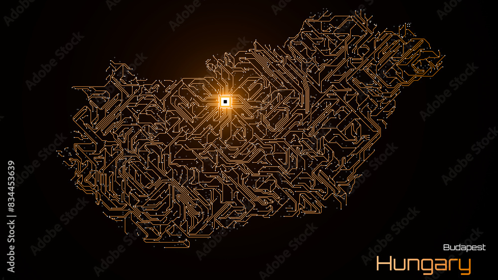 Hungary, with its capital city of Budapest, is represented as a microchip with a central ...