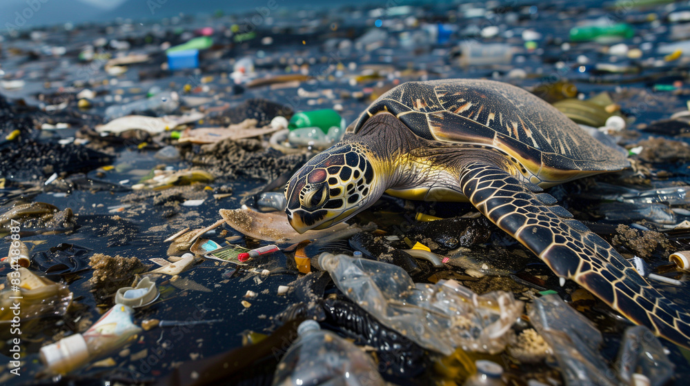 a turtle crawling through the layers of trash on the shore, surrounded ...