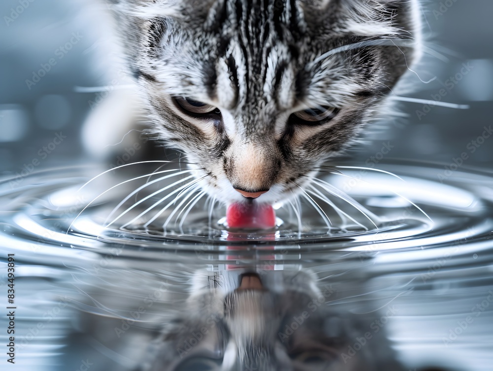 A close-up shot capturing a cat drinking water from a bowl. The image ...