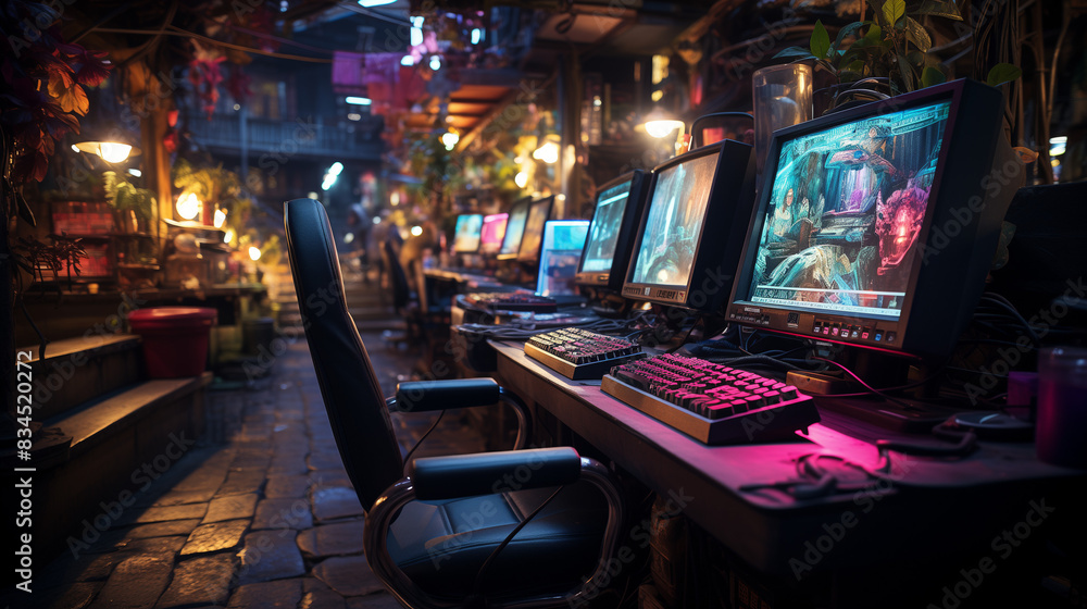 Early 2000s cyber cafe, neon lights, CRT monitors, nostalgic decor ...