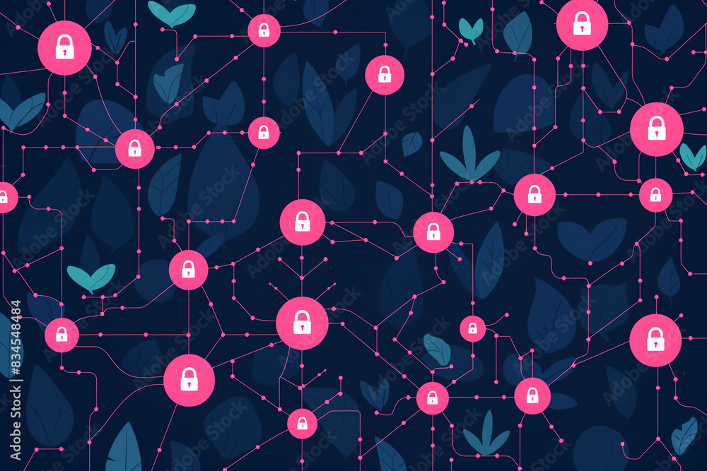 encrypted network nodes and connections flat design front view secure ...