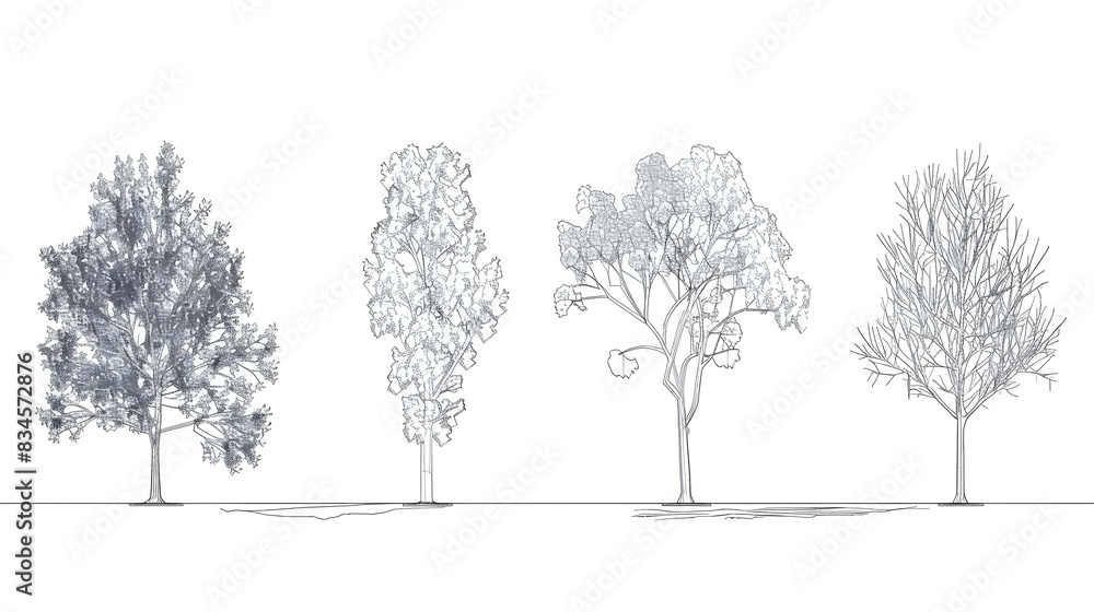 Stock-Illustration „Minimal style cad tree line drawing, Side view, set of graphics trees ...