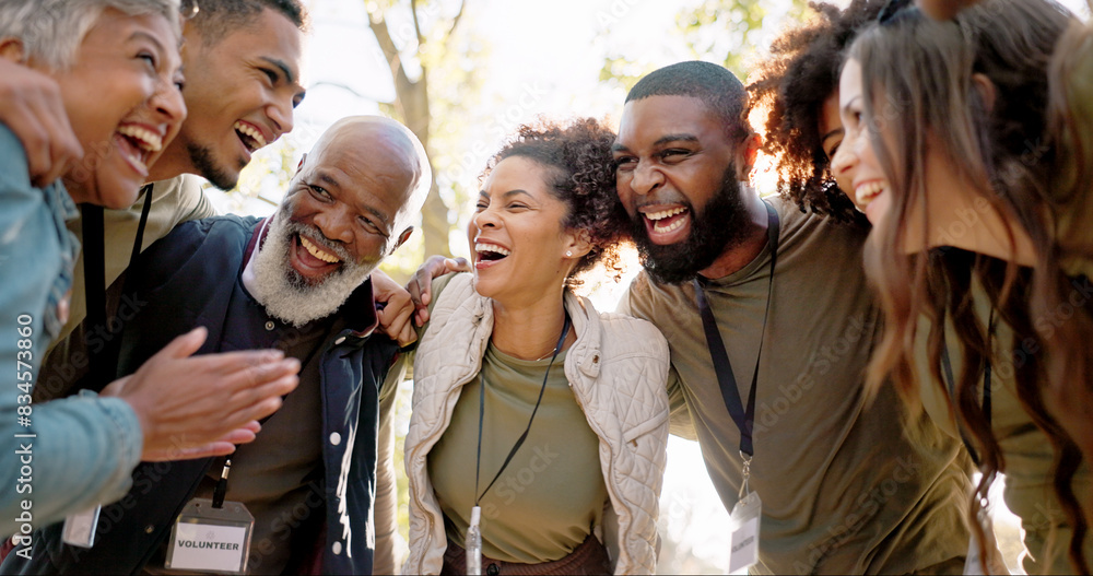 Huddle, excited and group of people outdoor with collaboration ...