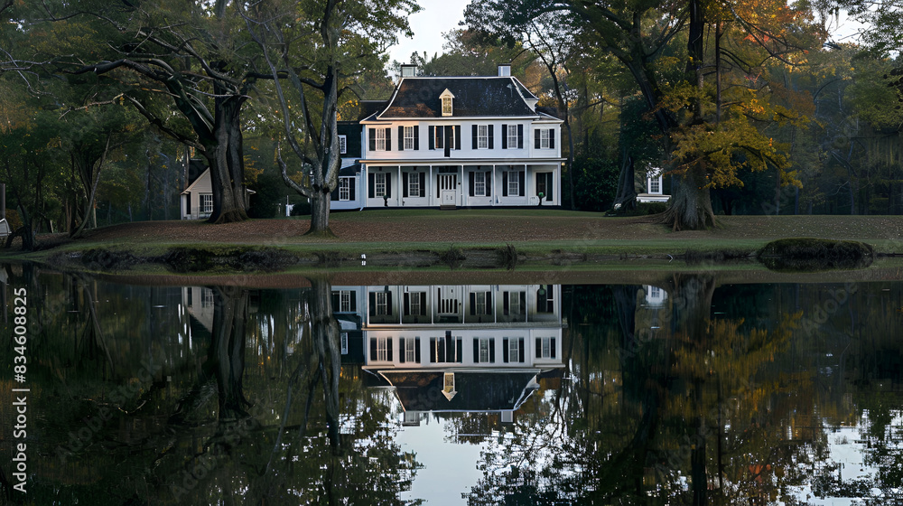 colonial house with wrap-around porch, shaded by large trees,Beautiful ...