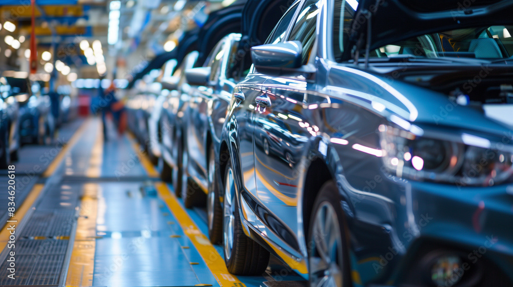 Mass Production Assembly Line of Cars. he perspective highlights a row ...