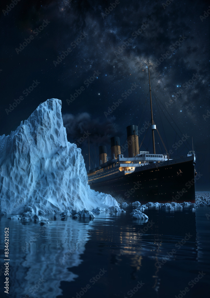 Majestic view of the Titanic ship cruising near a massive iceberg under ...