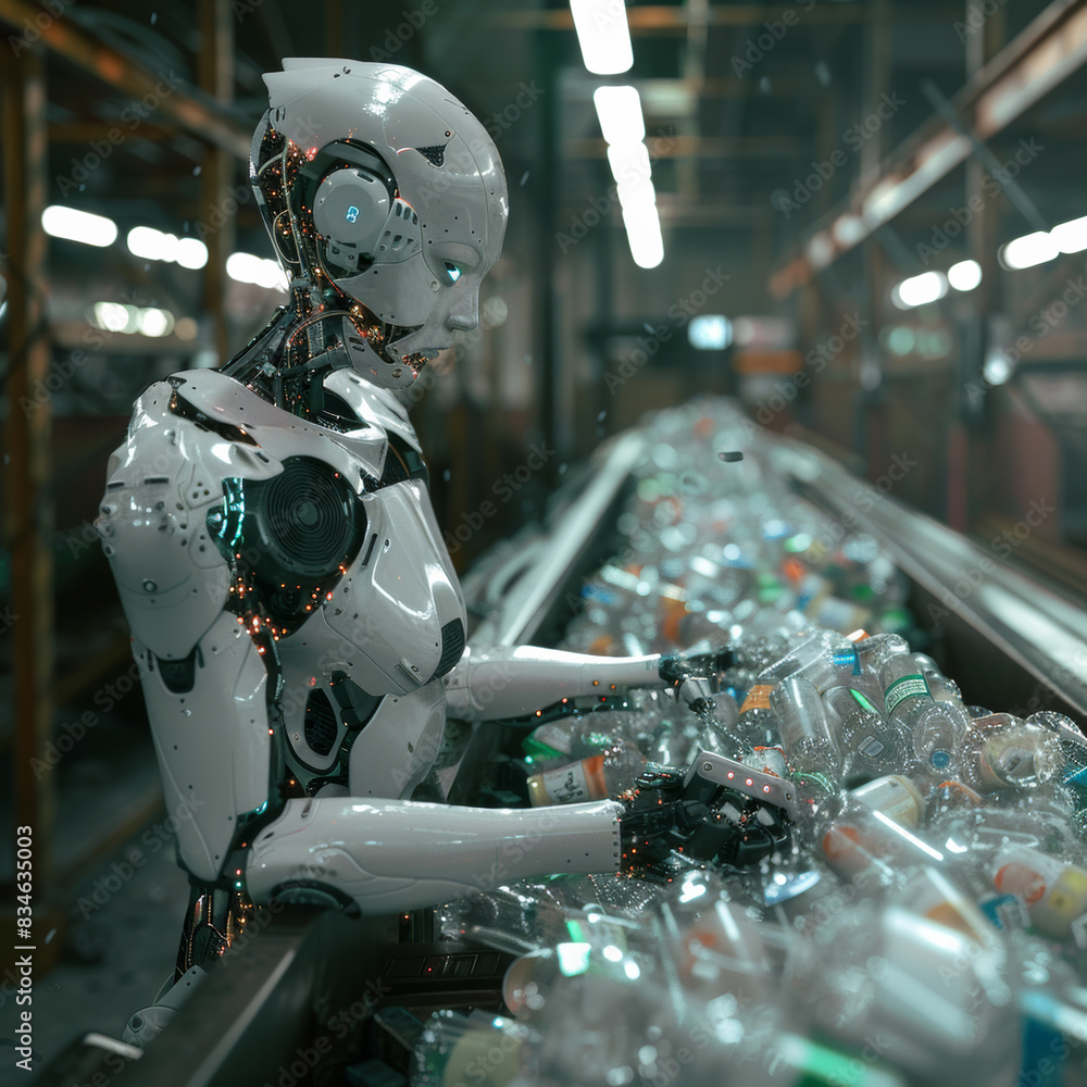 The subject is a robot sorting waste in a recycling facility. The robot ...