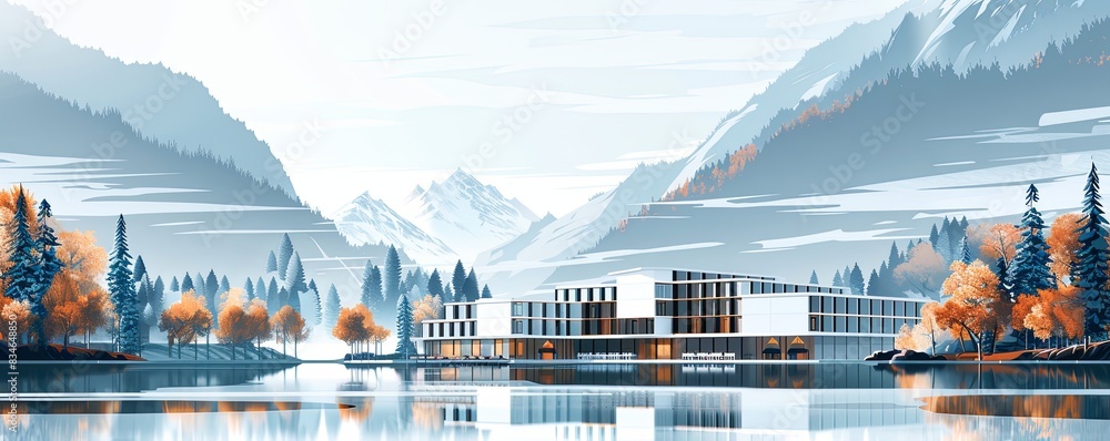 Mountain resort hotel, flat design, side view, scenic theme, water ...