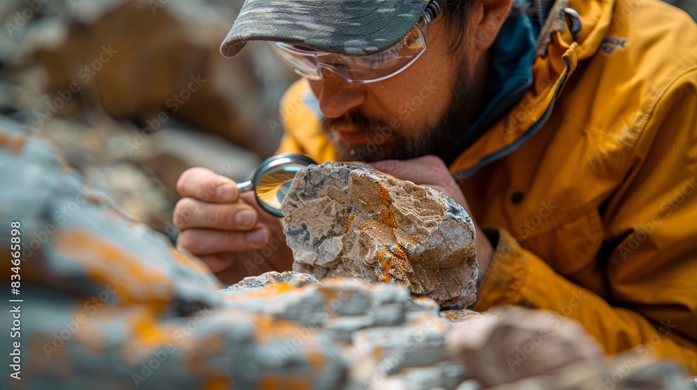 A close-up of a geologist examining a rock sample, using a magnifying glass to inspect the ...