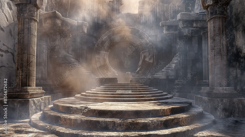 3d render of ancient roman circular stage with stairs and pillars ...