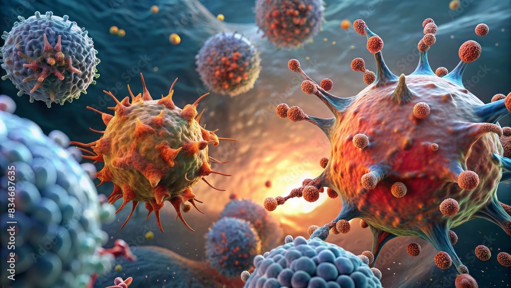 cancer cells amidst a complex tumor microenvironment with t-cells ...