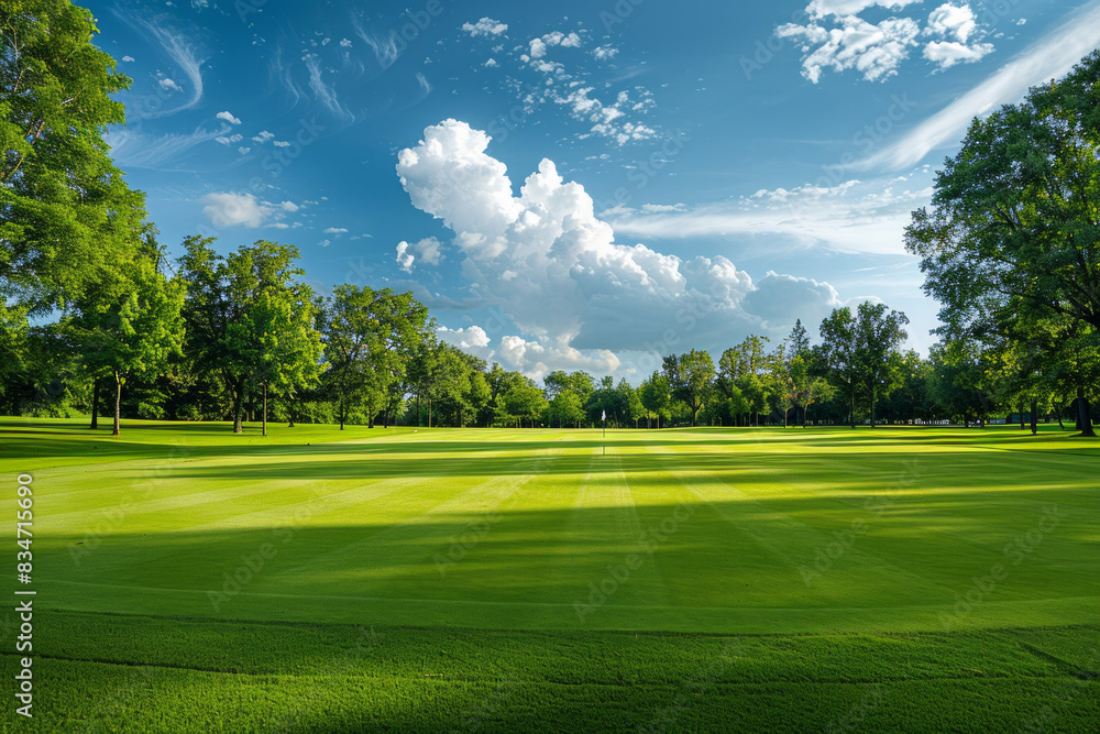 Wide angle view of a golf course with trees in the background Stock ...