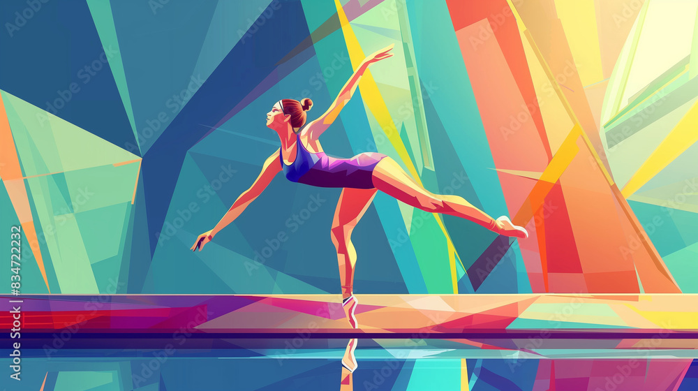 Cartoon gymnast gracefully performing on the balance beam in a colorful ...