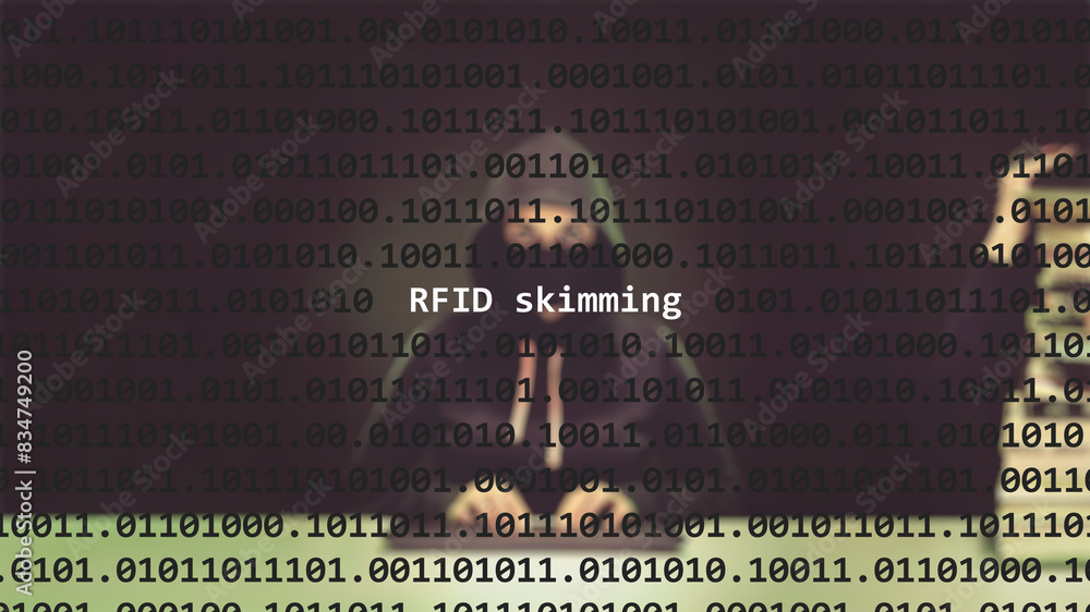 Cyber attack rfid skimming text in foreground screen, anonymous hacker hidden with hoodie in the ...