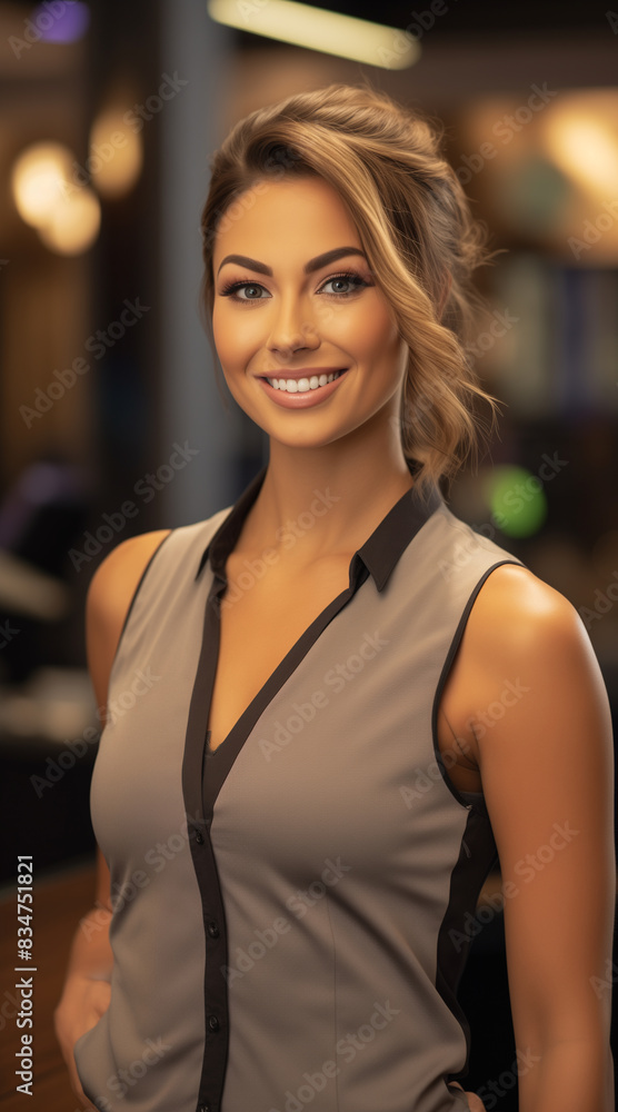 Welcoming female receptionist at a gym, friendly smile, professional ...