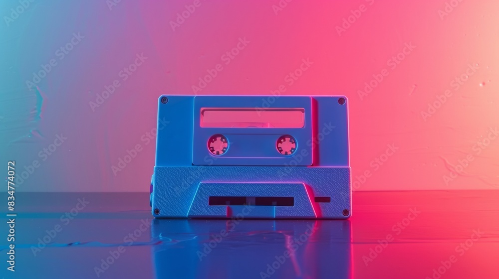 Compact cassette laid on a desk, backdrop with a spectrum of vivid ...