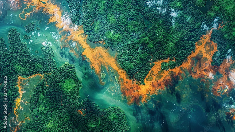 A satellite image showing the extent of deforestation in the Amazon ...