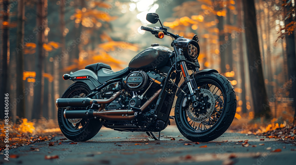 A classic motorcycle parked on a forest path surrounded by autumn ...