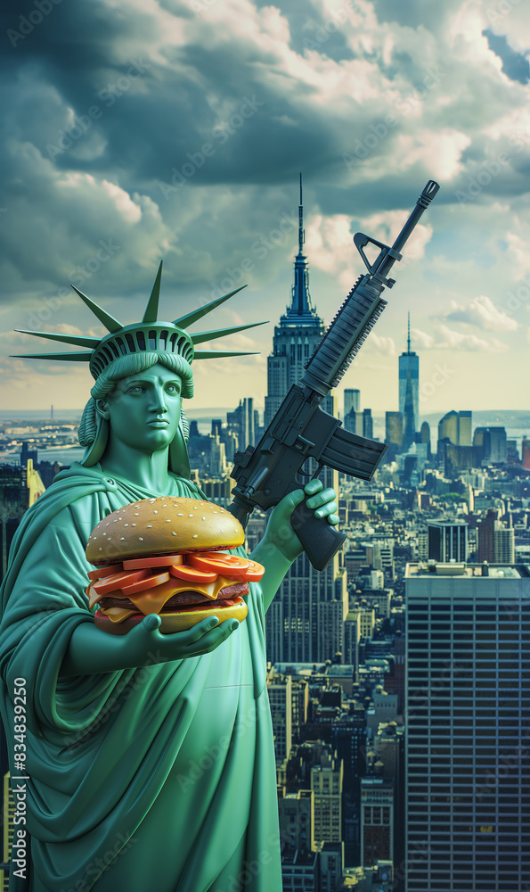 Statue of Liberty holding a large hamburger and a rifle, symbolizing ...