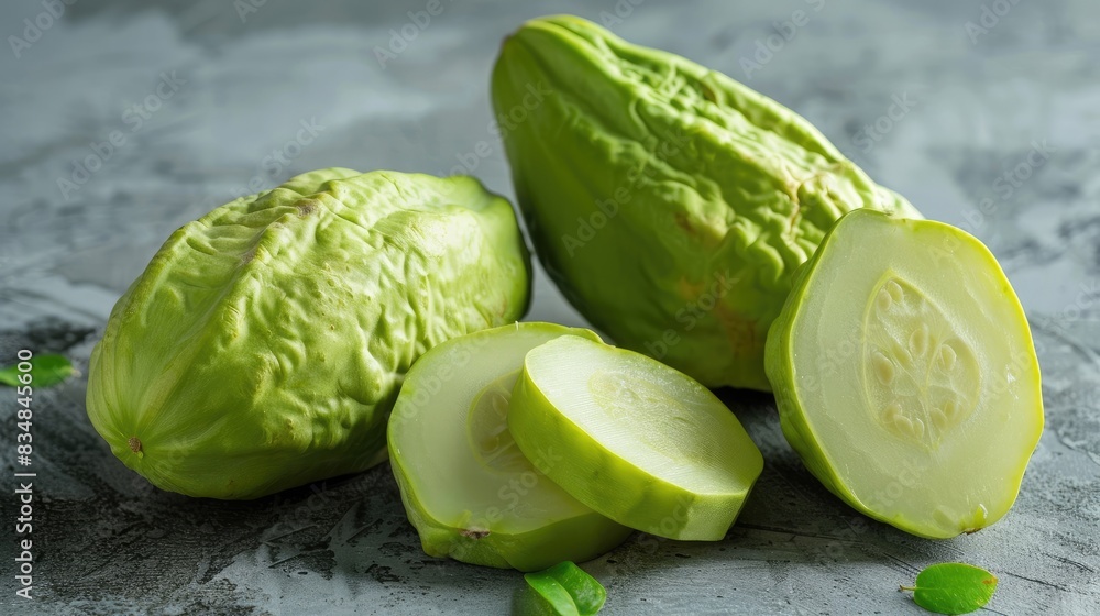 Whole and sliced chayote on a grey surface with room for writing Stock ...