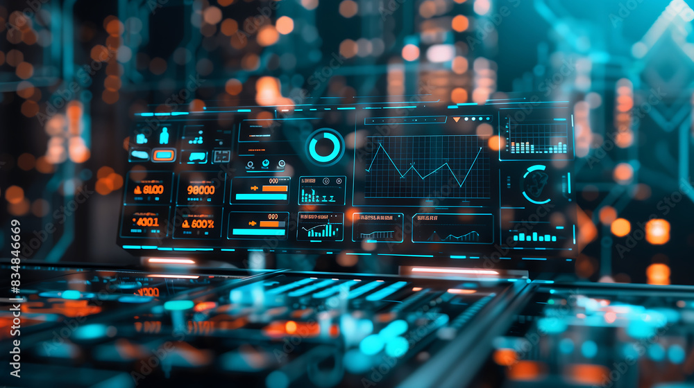 futuristic digital dashboard with data visualizations and graphs, floating in the air above an ...