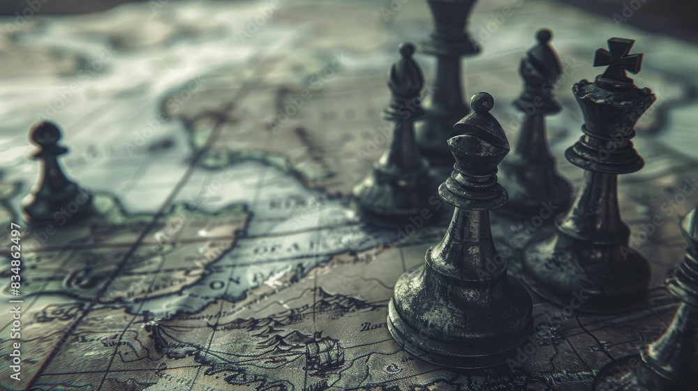 Chess pieces positioned on a map, plotting for an unseen world ...