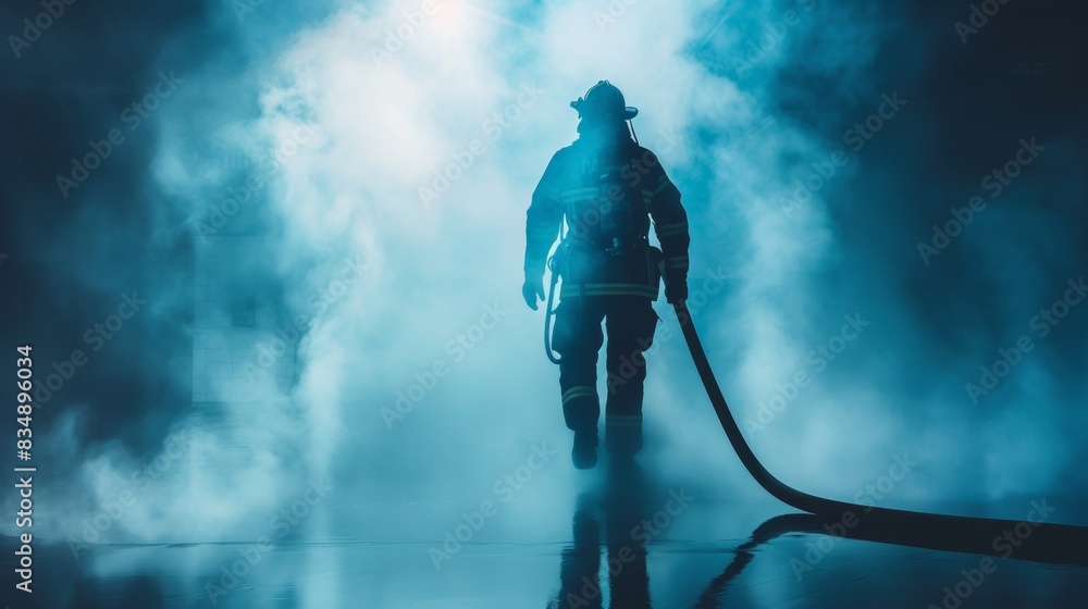 Firefighter fighting to put off fire flames in big city Stock Photo ...
