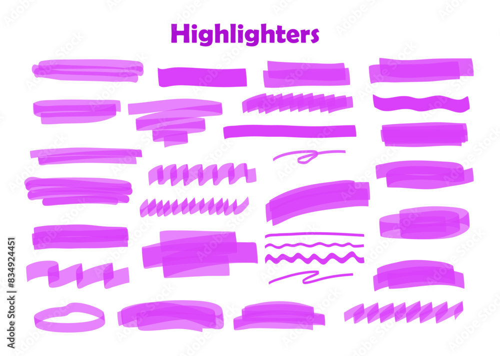 Marker purple set, brush pen hand drawn underline. Highlighter ...