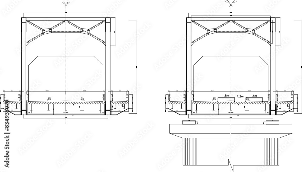 Steel Truss Bridge Cross Section architectural engineering design drawing vector illustration ...