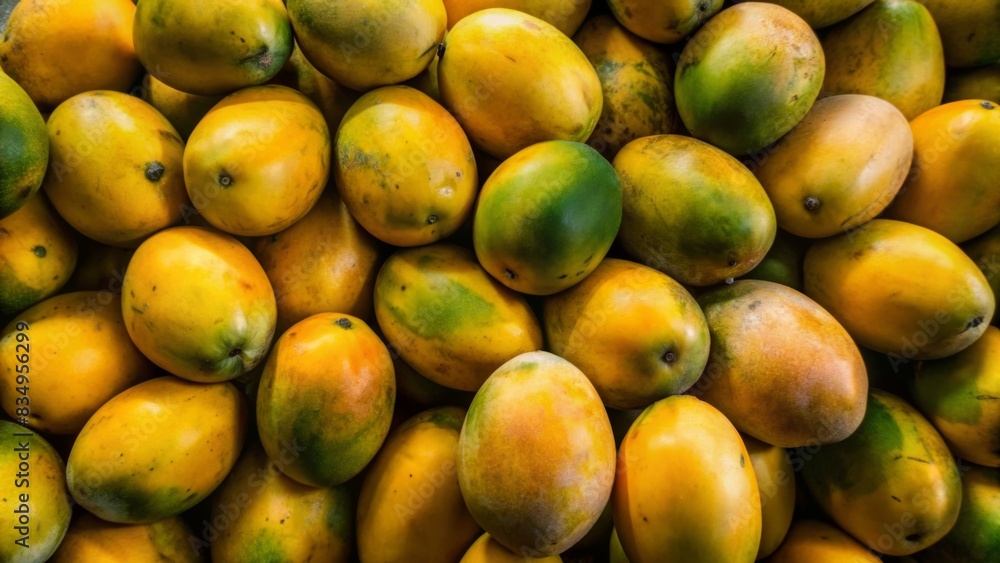 A pile of fresh mangoes on display at the market, arranged in rows with ...