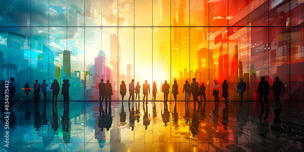 digital rendering of office teamwork vibrant colors and dynamic shapes ...