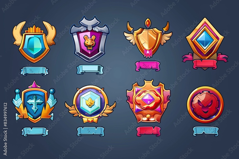 Cartoon shields illustration for game ui victory badge element, win ...